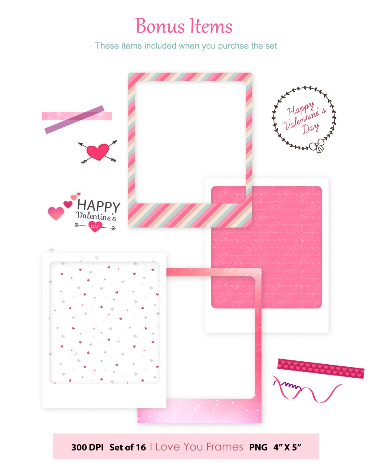 Valentine Frame Digital Clipart I Love You Digital Frame Pink Frame ...