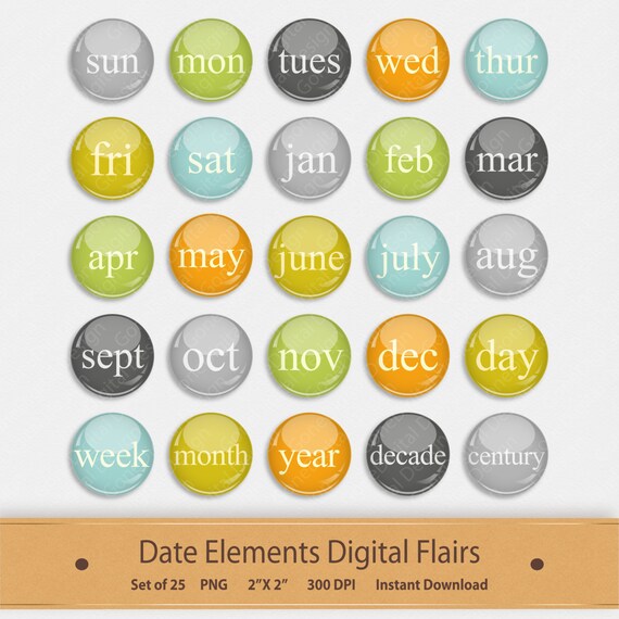 Date Elements Digital Flairs Clipart Day Month Week Year Scrapbook ...