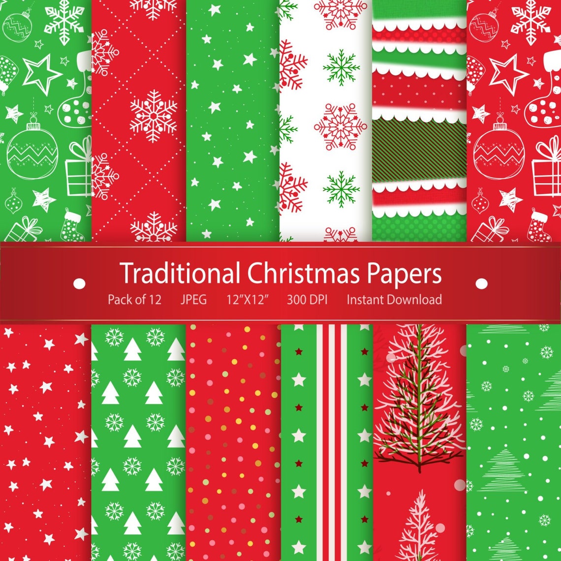 Christmas Digital Paper Blue Green Christmas Papers Digital | Etsy
