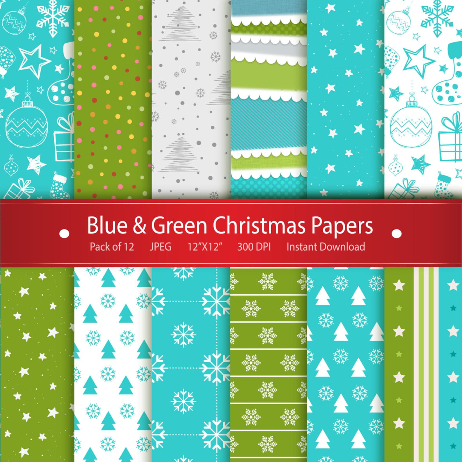 Christmas Digital Paper Blue Green Christmas Papers Digital | Etsy
