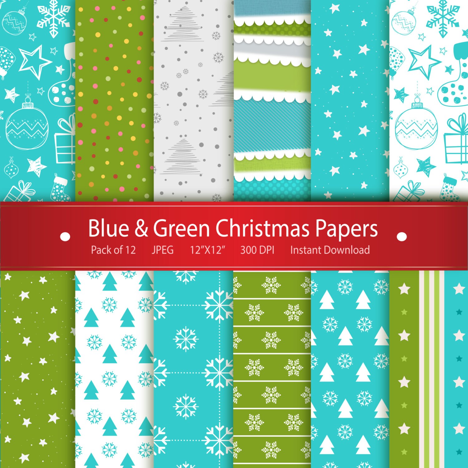 Christmas Digital Paper Blue Green Christmas Papers Digital | Etsy