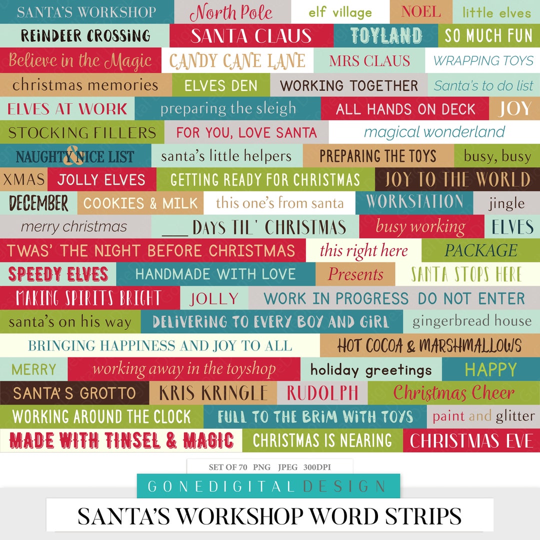Santa's Workshop Word Strips: Christmas PNG Stickers (digital Download ...