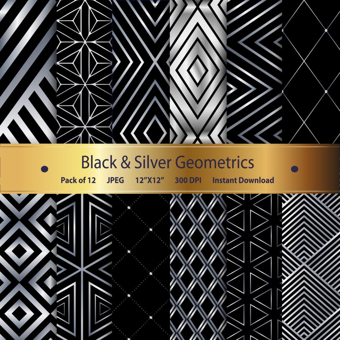 Black & Silver Geometric Digital Paper Pack Digital Scrapbook Paper ...