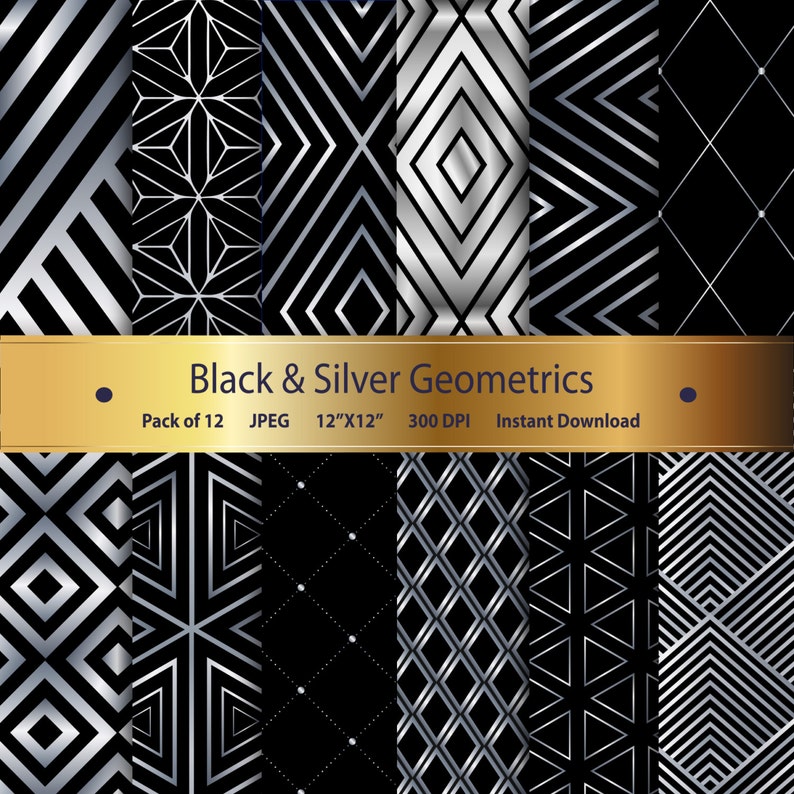 Black & Silver Geometric Digital Paper Pack Digital Scrapbook Paper ...