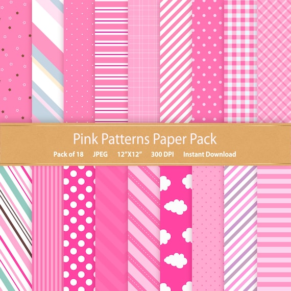 Pink Patterns Digital Paper Pink Stripes Pink Polka dot Pink Plaid ...