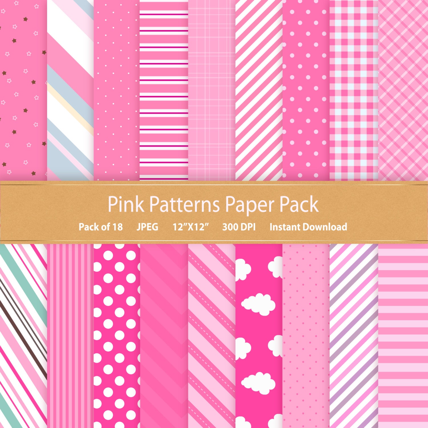 Pink Pattern Digital Paper: Stripes, Polka Dot, Plaid (digital Download ...