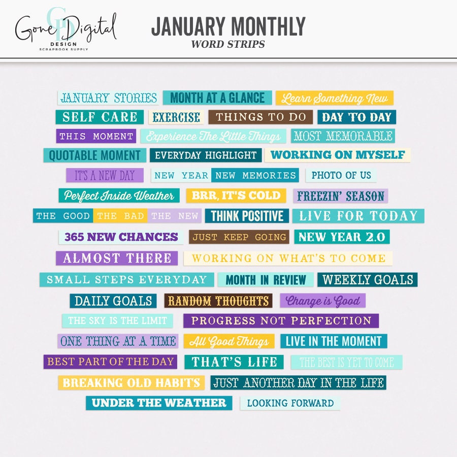 January Stories Digital Words PNG Stickers Clip Art New Start Digital ...