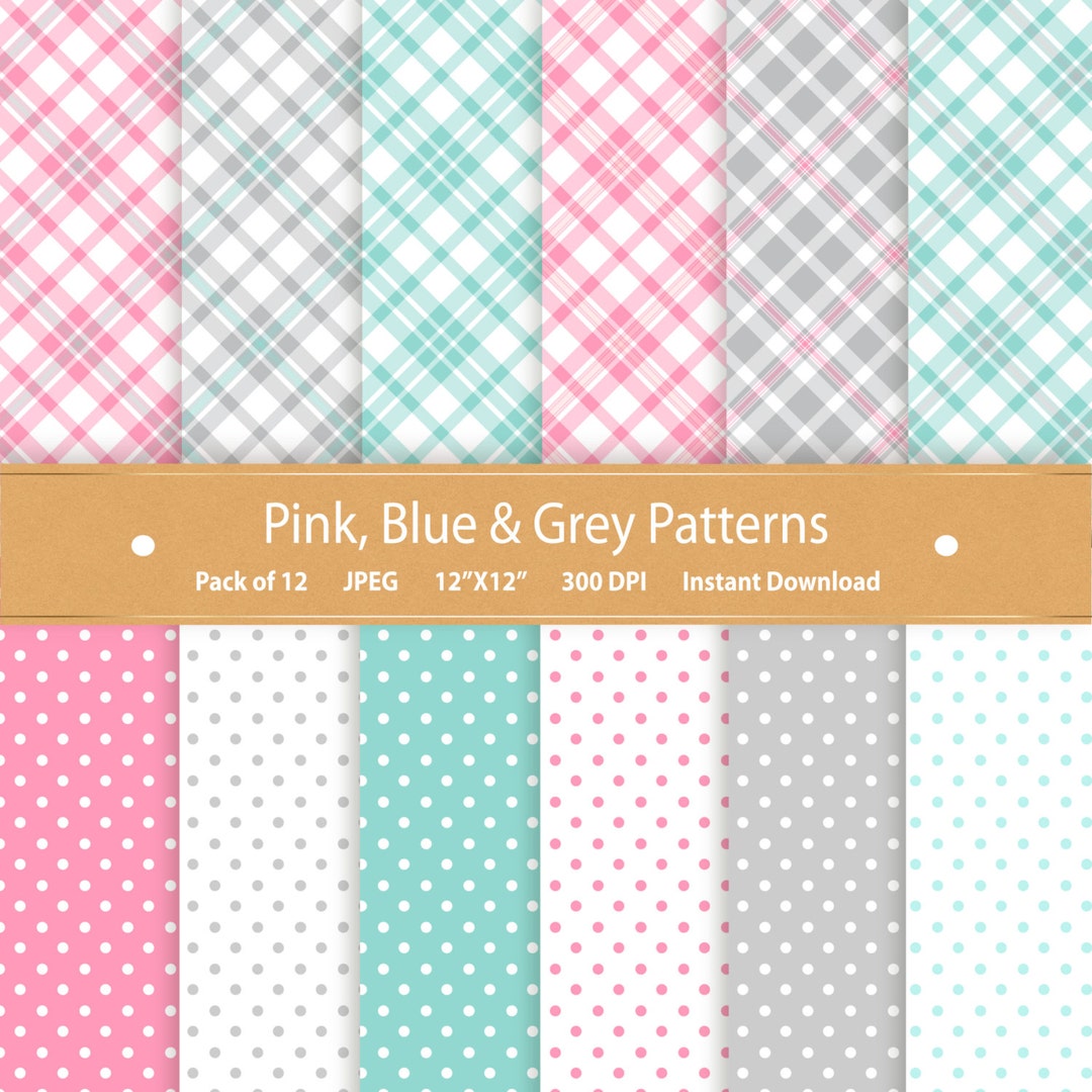 Pastel Plaid & Polka Dot Digital Paper: Pink, Blue, Grey (digital ...