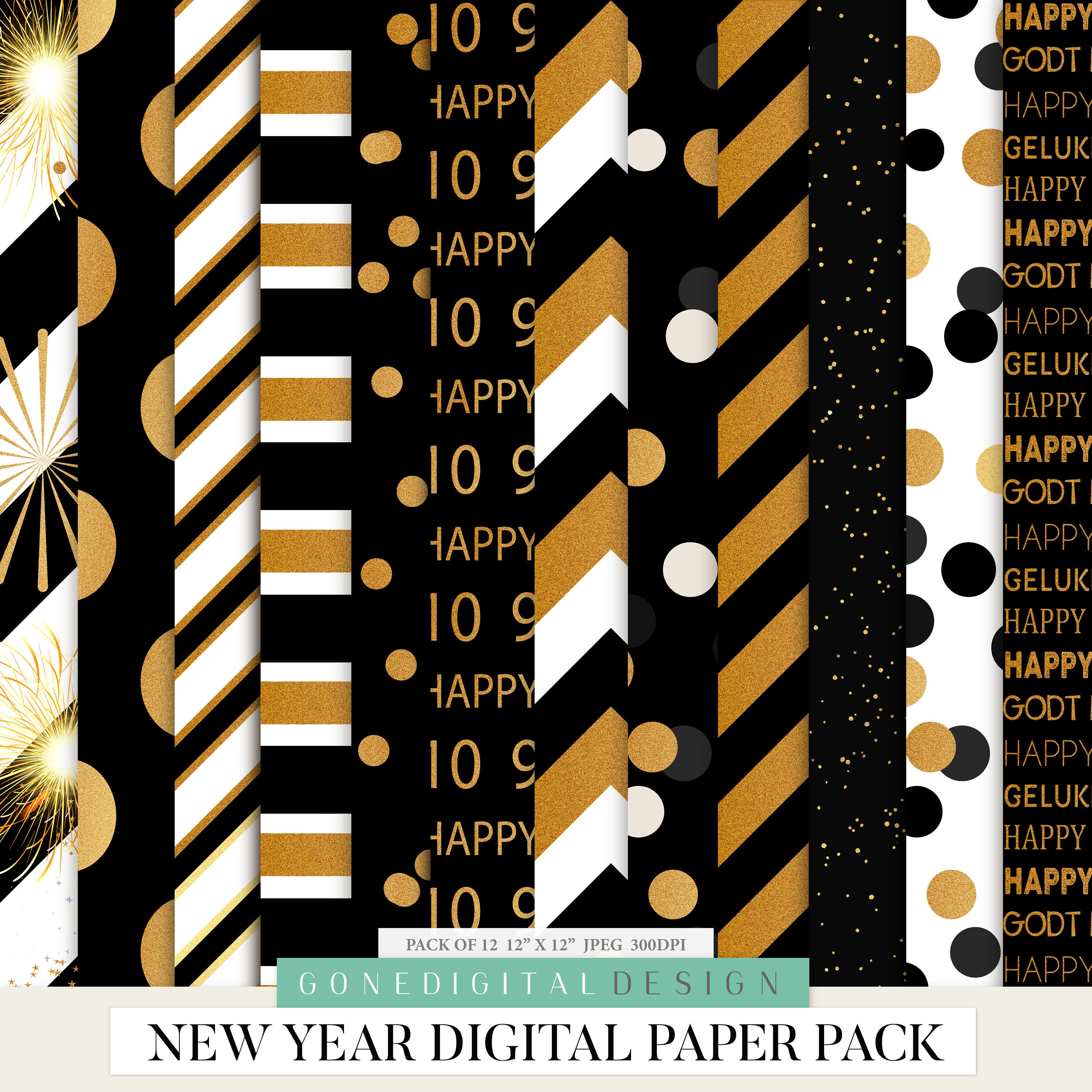 Happy New Years Digital Paper Black & Gold Celebration Party Scrapbook ...