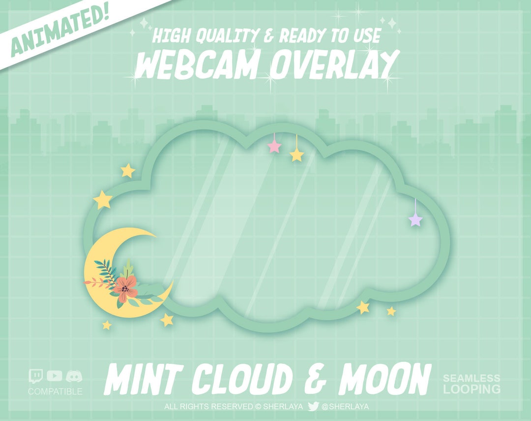 1x Animated Webcam Overlay Mint Cloud & Moon / Pastel / Cute / Camera ...