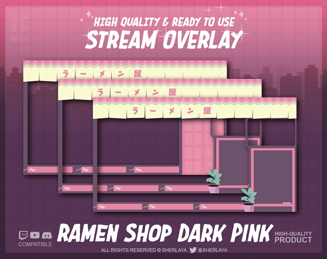 3x Stream Overlay Ramen Shop Dark Pink / Cute / Pastel / Frame / Border ...