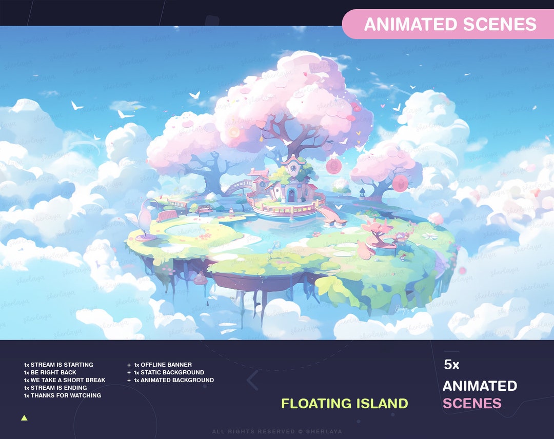 5x Animated Scenes Floating Island / Screens / Pastel / Pink / Spring ...