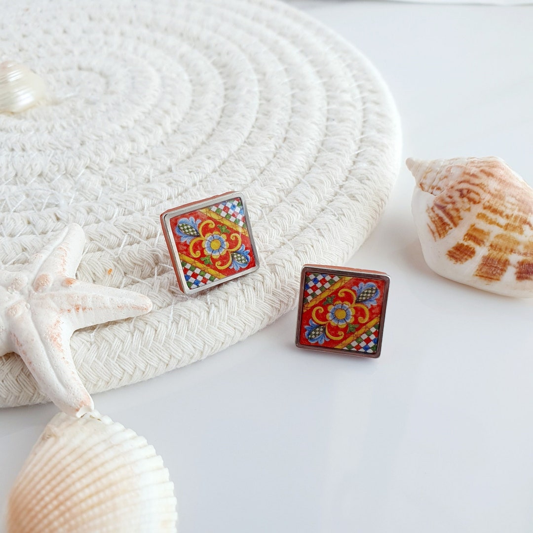 Italian Majolica Tile Earrings, Sicilian Tile Earrings, Terracotta Clay ...