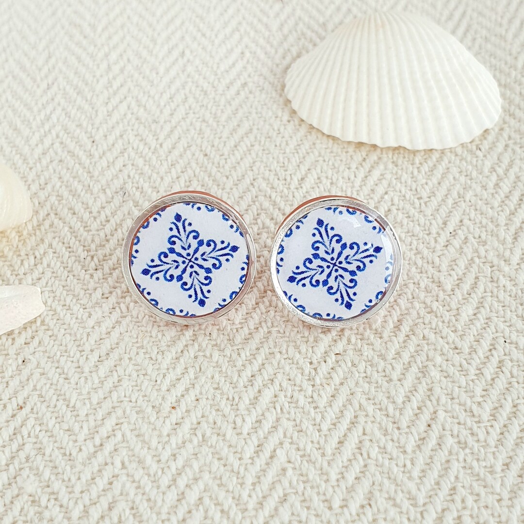 Mediterranean Tile Stud Earrings, Azulejo Clay Earrings, Moroccan Blue ...