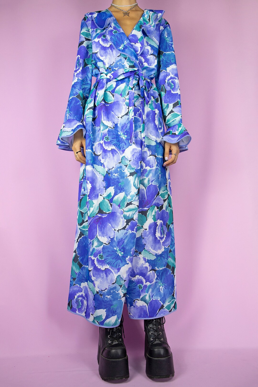 Vintage Duster Coat 80s Blue Floral Robe Ruffle Peignoir - Etsy