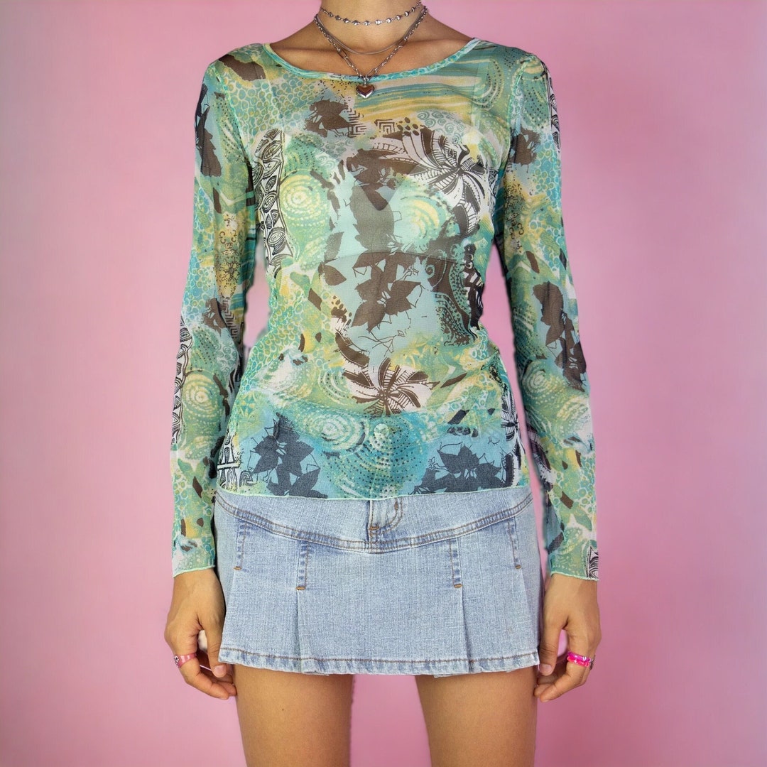 Y2K Mesh Top Vintage Abstract Sheer Green Shirt Cyber Grunge - Etsy