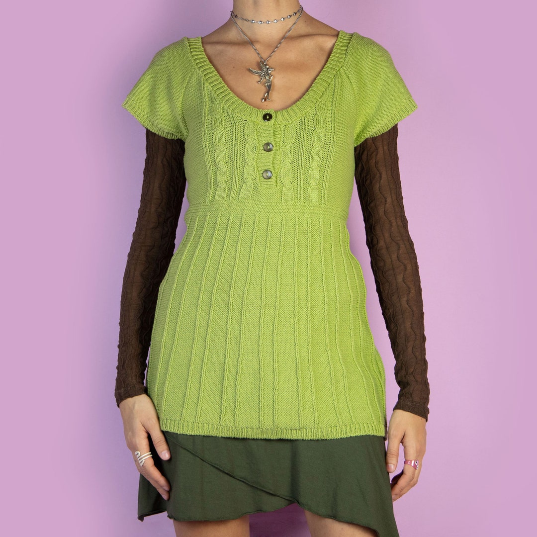 Vintage Y2K Knit Top Green Short Sleeve Pullover Sweater 2000s Size ...
