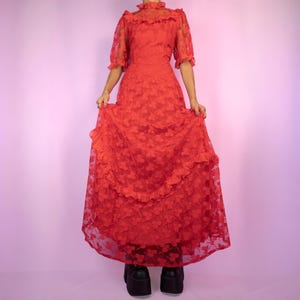Vintage Maxi Dress Lace Mesh Red Ruffle Puff Sleeve 70s 80s Size Medium - Etsy
