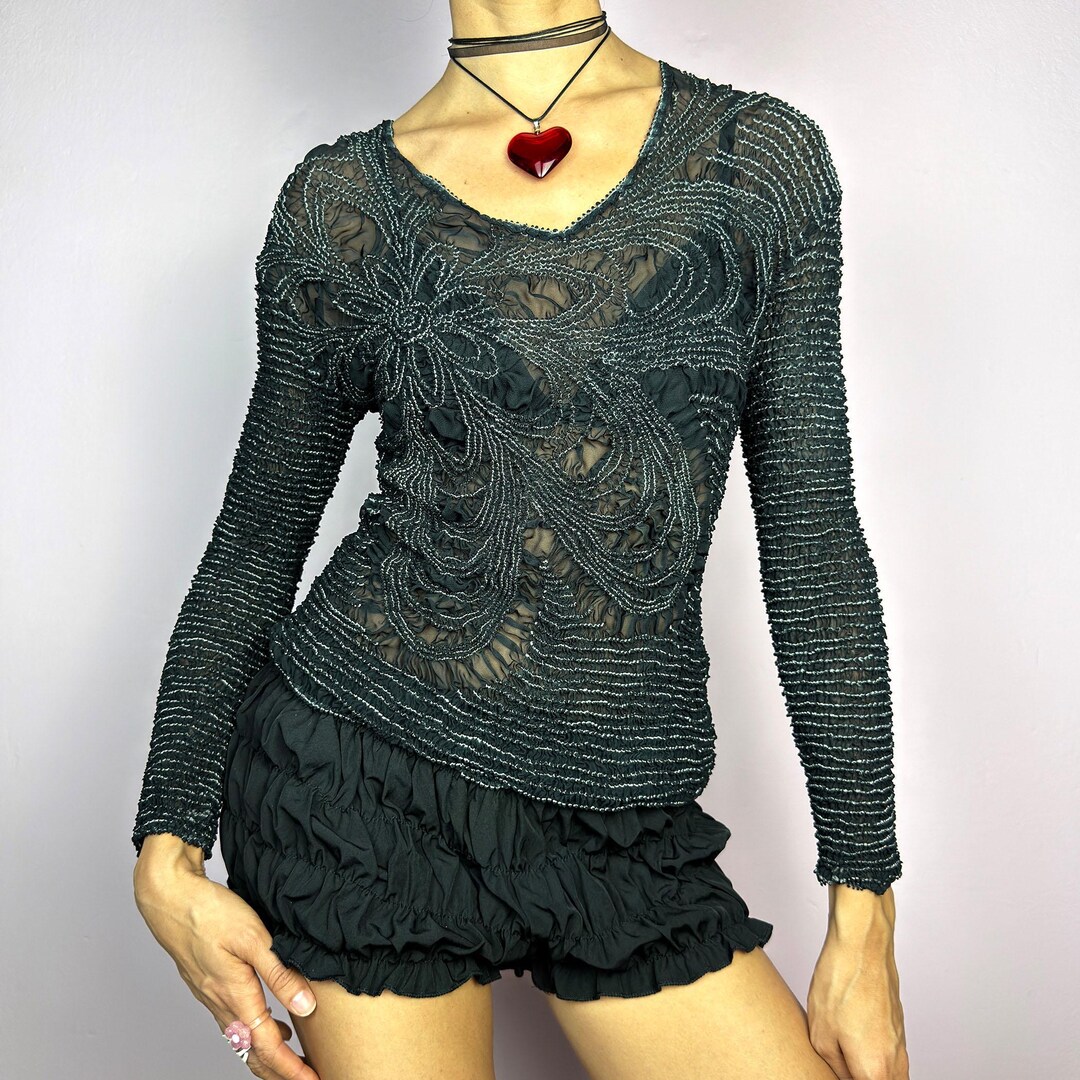 Vintage Top Textured Popcorn Crinkled Black Y2K 2000s Size Large - Etsy