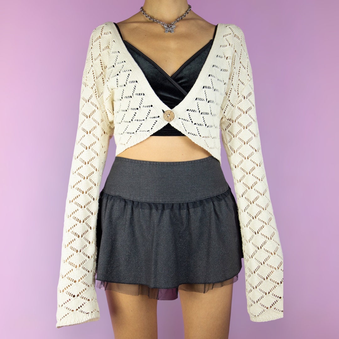 Vintage Y2K Beige Crochet Shrug Bolero Knit Cropped Cardigan Fairy ...