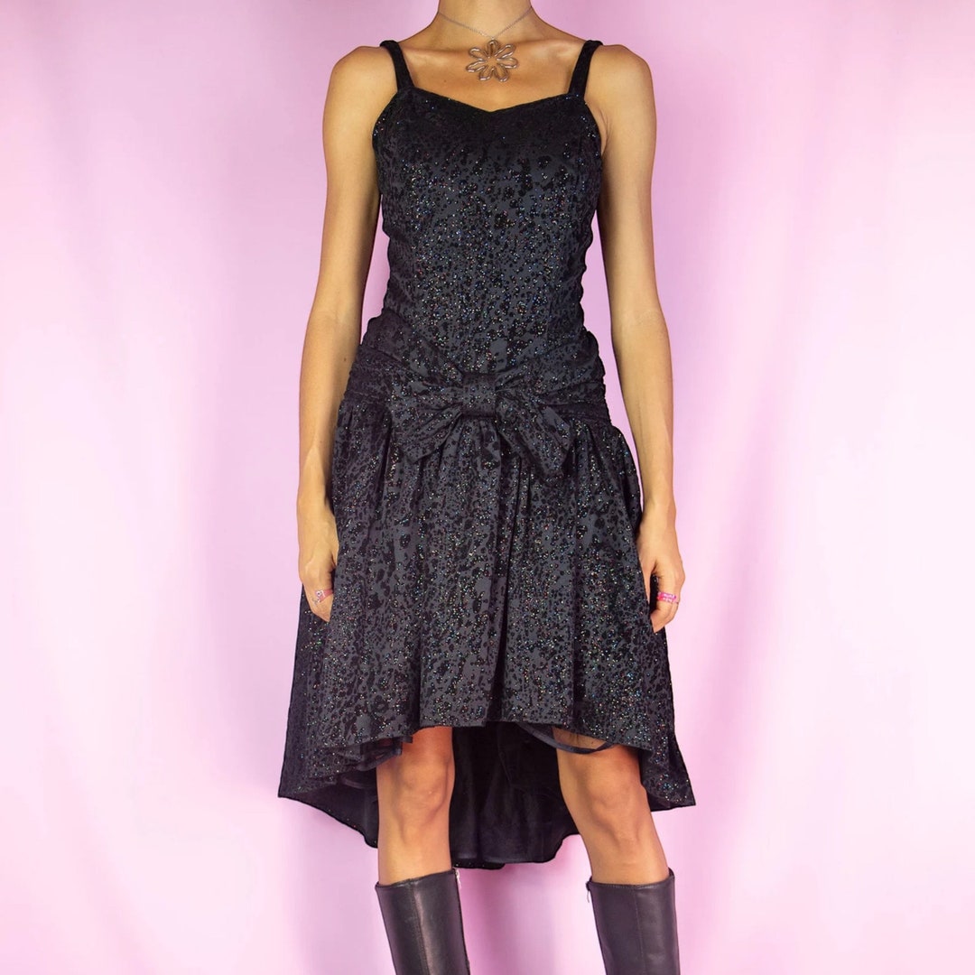 Vintage 90s Party Black Mini Dress Whimsygoth Asymmetric Glitter Midi ...