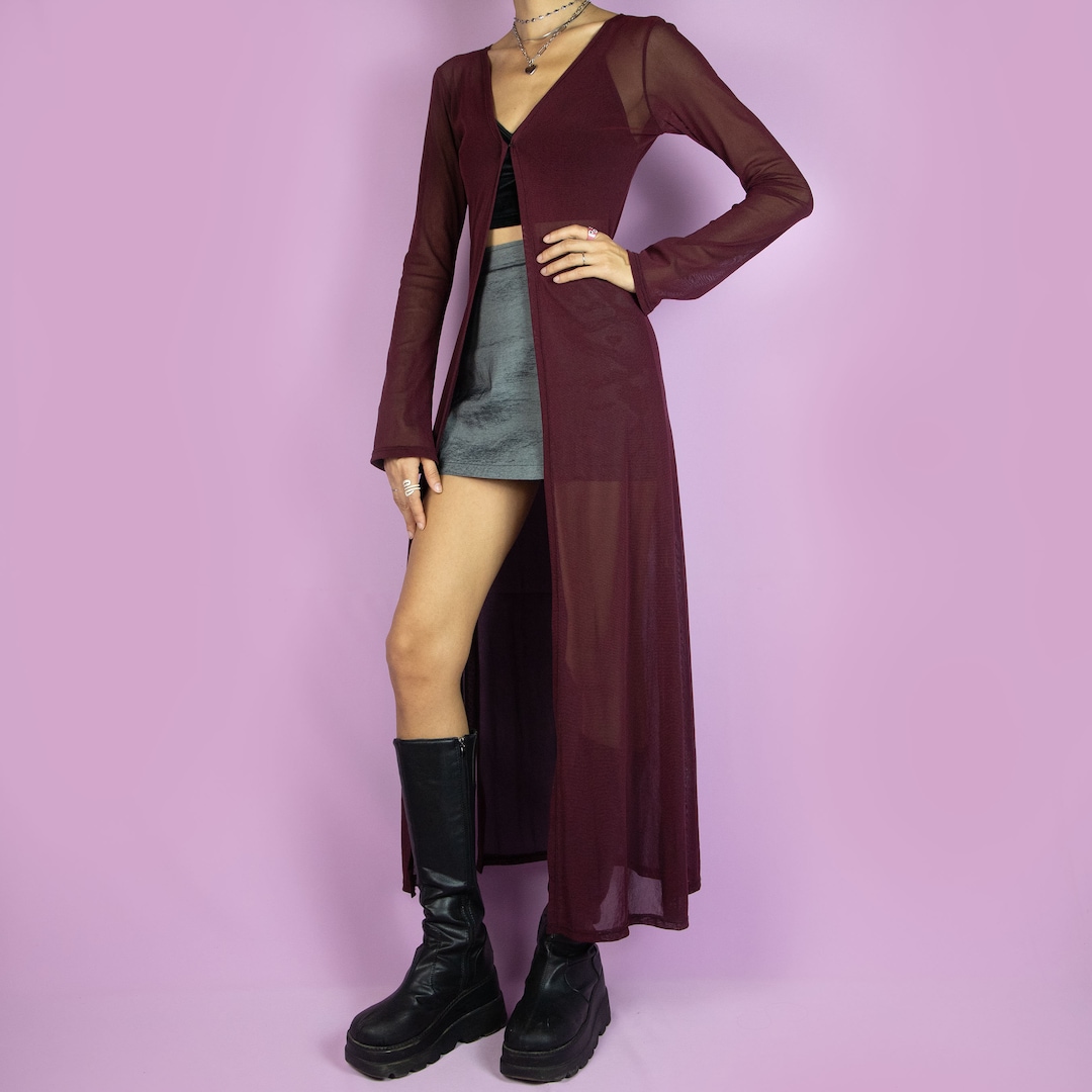 Vintage Y2K Mesh Duster Jacket Maroon Burgundy Sheer Coat Cyber ...