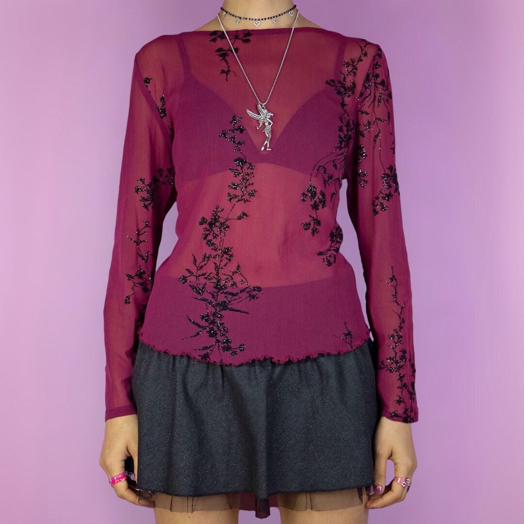 Vintage 90s Maroon Mesh Top Fairy Grunge Burgundy Sheer Shirt ...