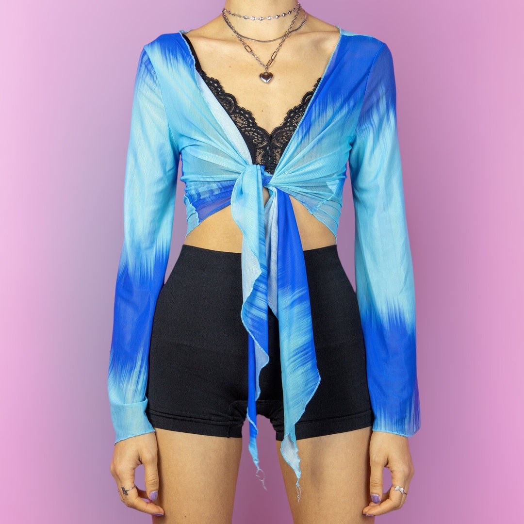 Vintage Y2K Mesh Bolero Jacket Blue Bell Sleeve Tie Front Shrug Cyber ...