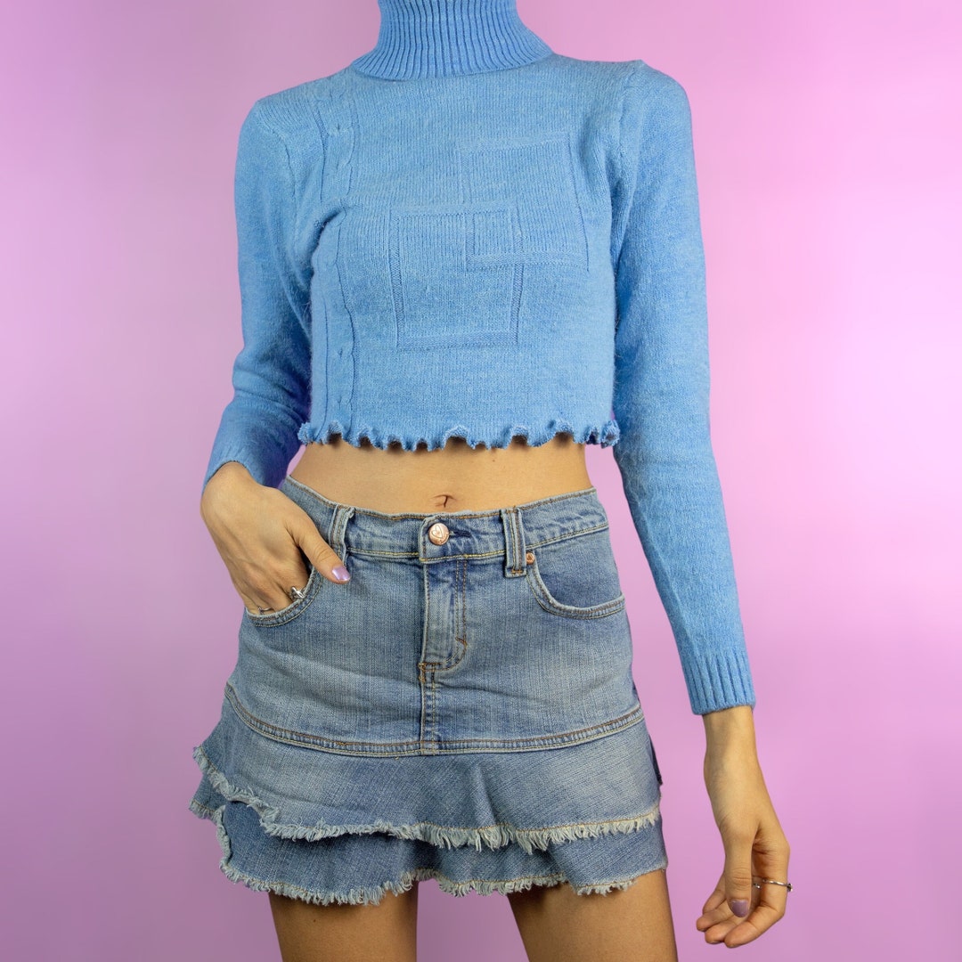 Vintage Y2K Ruffle Denim Mini Skirt Low Rise Tiered Frayed Skirt 2000s ...