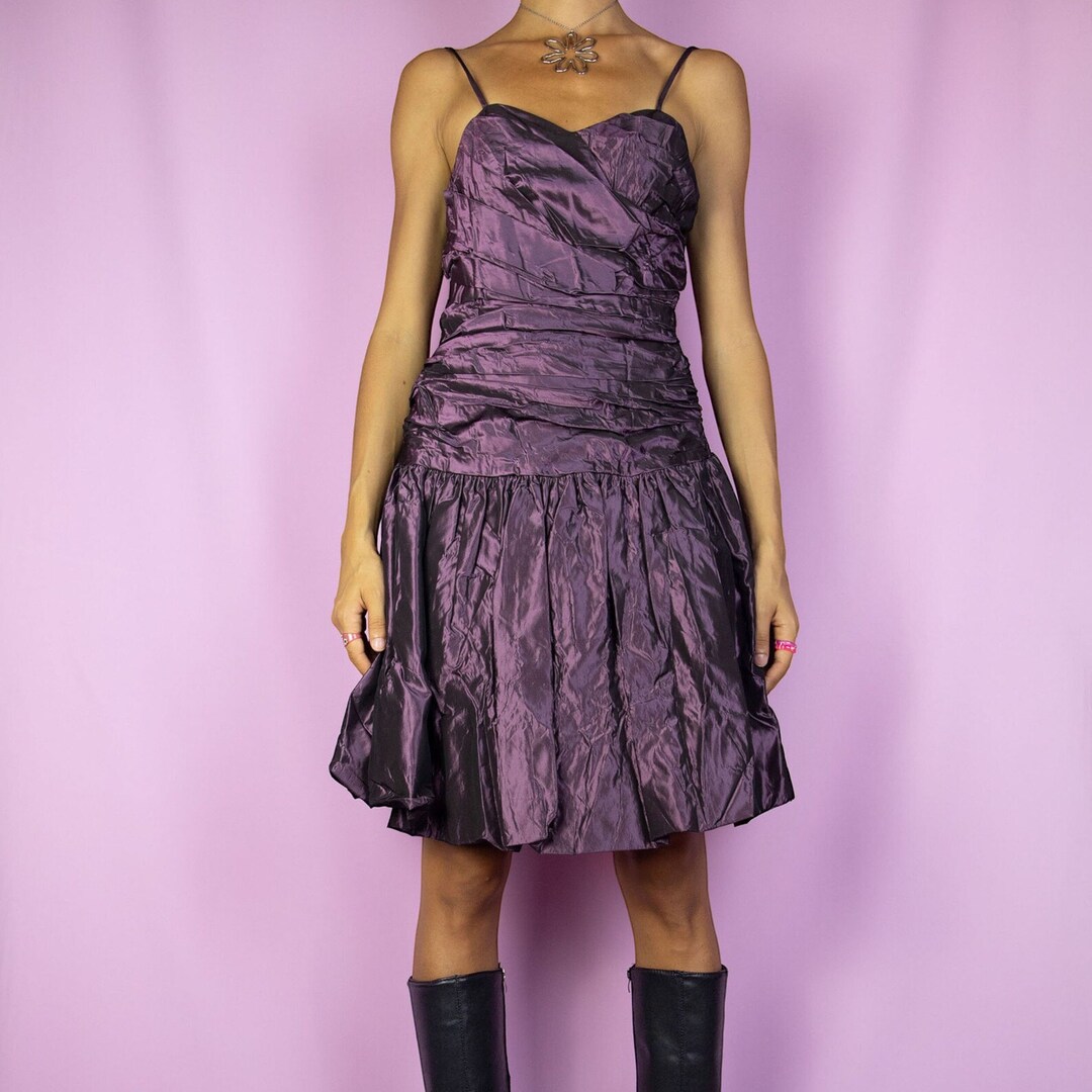 Vintage 80s Purple Mini Dress Party Ruched Flare Dress Evening Etsy