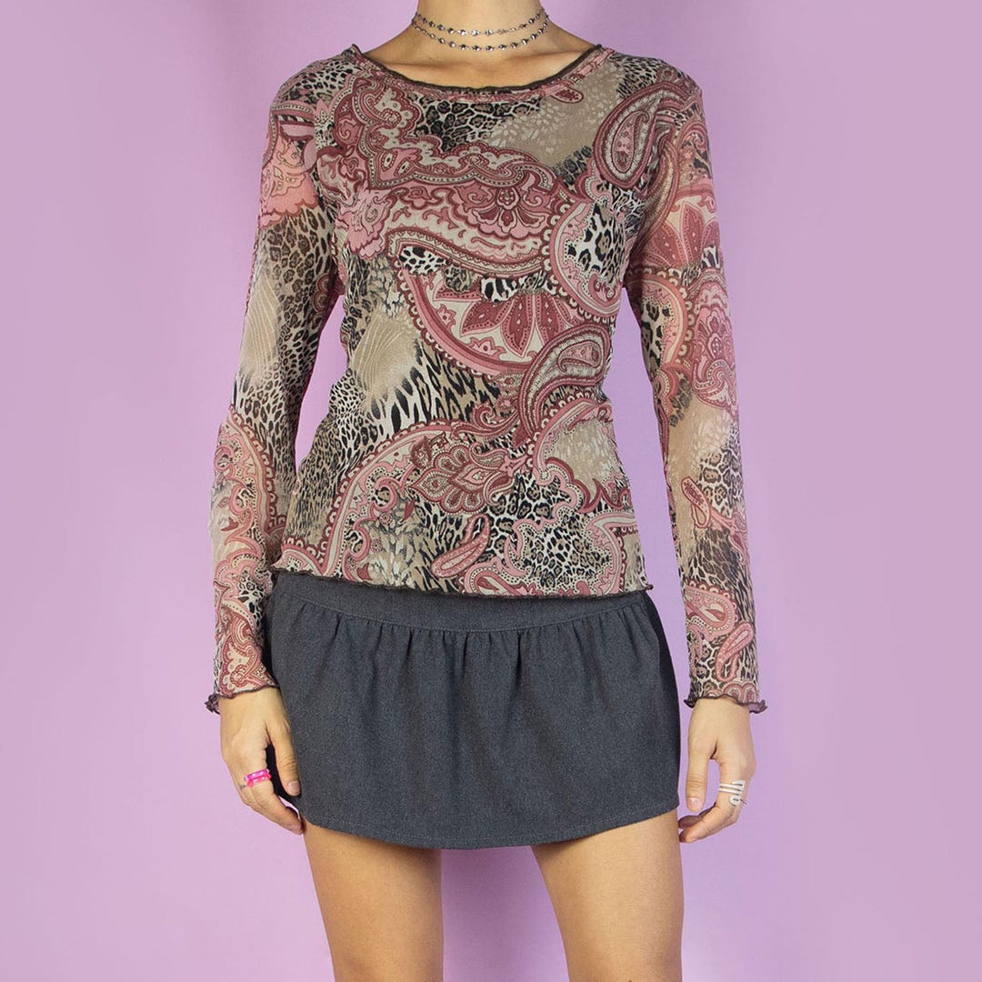 Vintage Y2K Mesh Print Top Floral Paisley Graphic Sheer Top 2000s Size ...