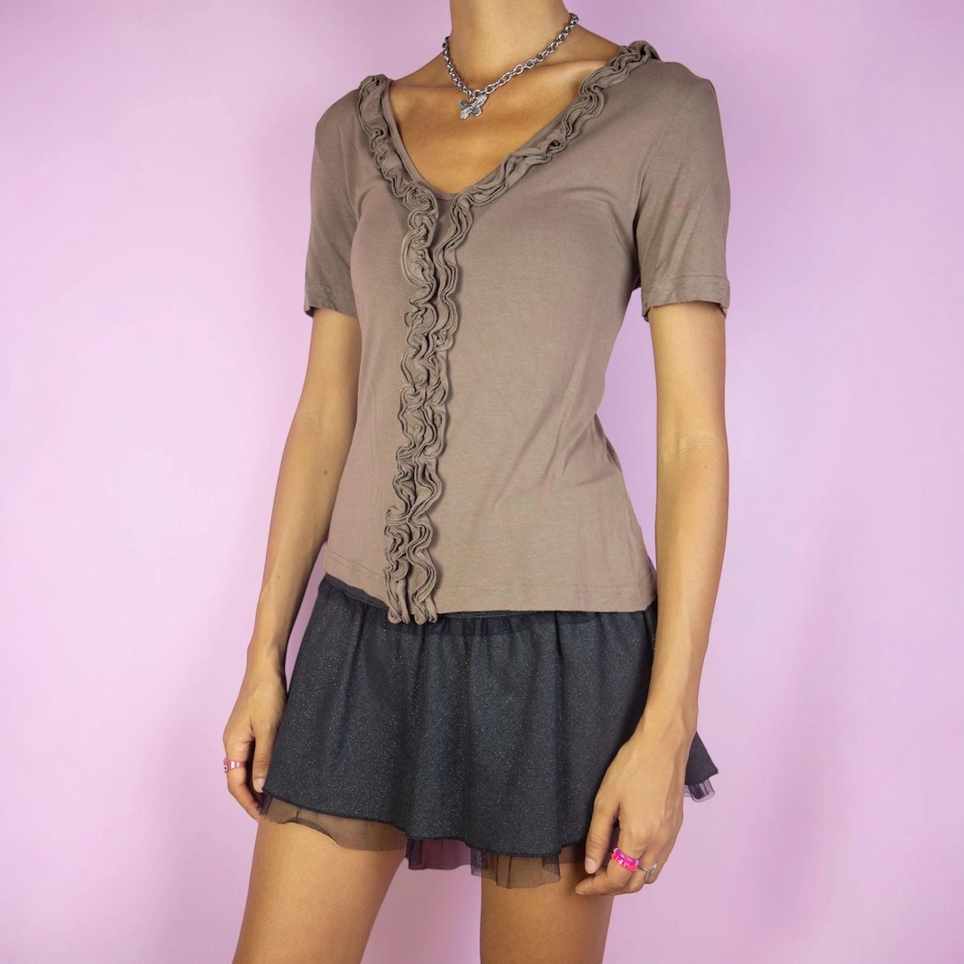 Vintage Ruffle Frill Top Brown Y2K 2000s Size Medium - Etsy