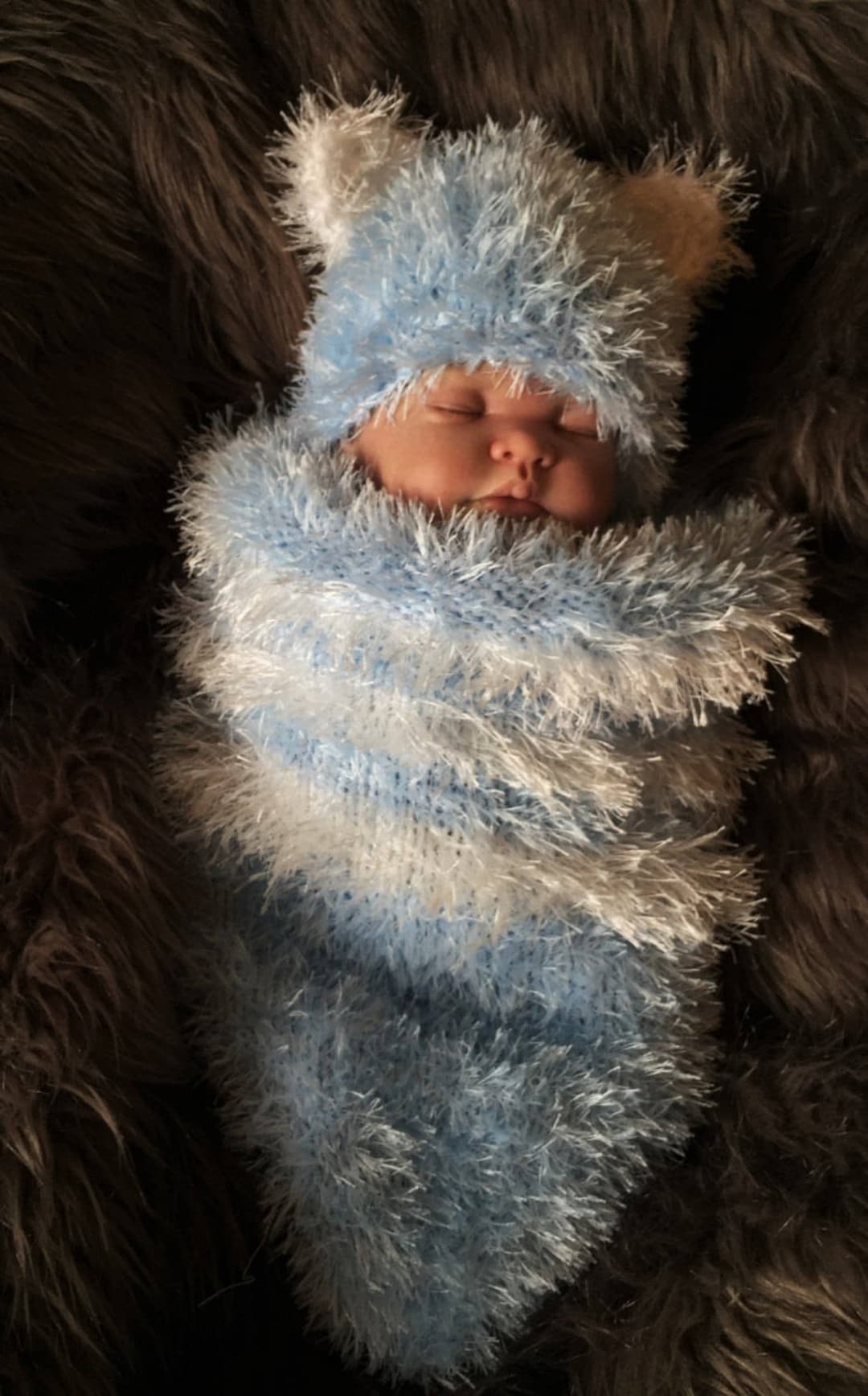 Hand Knitted Baby Boy Bear Cocoon Sleeping Bag Papoose & Hat Blue Faux ...