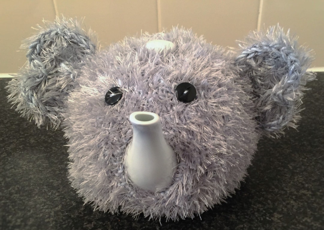 Hand Knitted Tea Cosy Medium Pot Elephant Shabby Chic Grey Faux Fur ...