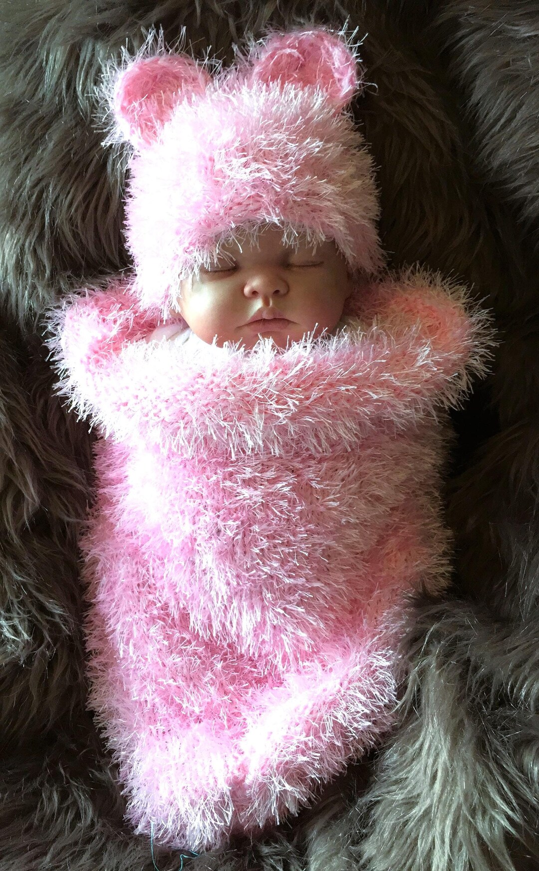 Hand Knitted Baby Girl Pink Bear Cocoon Sleeping Bag Papoose Hat Faux ...
