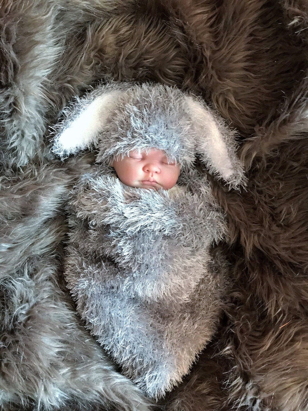 Chunky Hand Knitted Baby Cocoon Sleeping Bag Papoose Hat Grey Rabbit ...