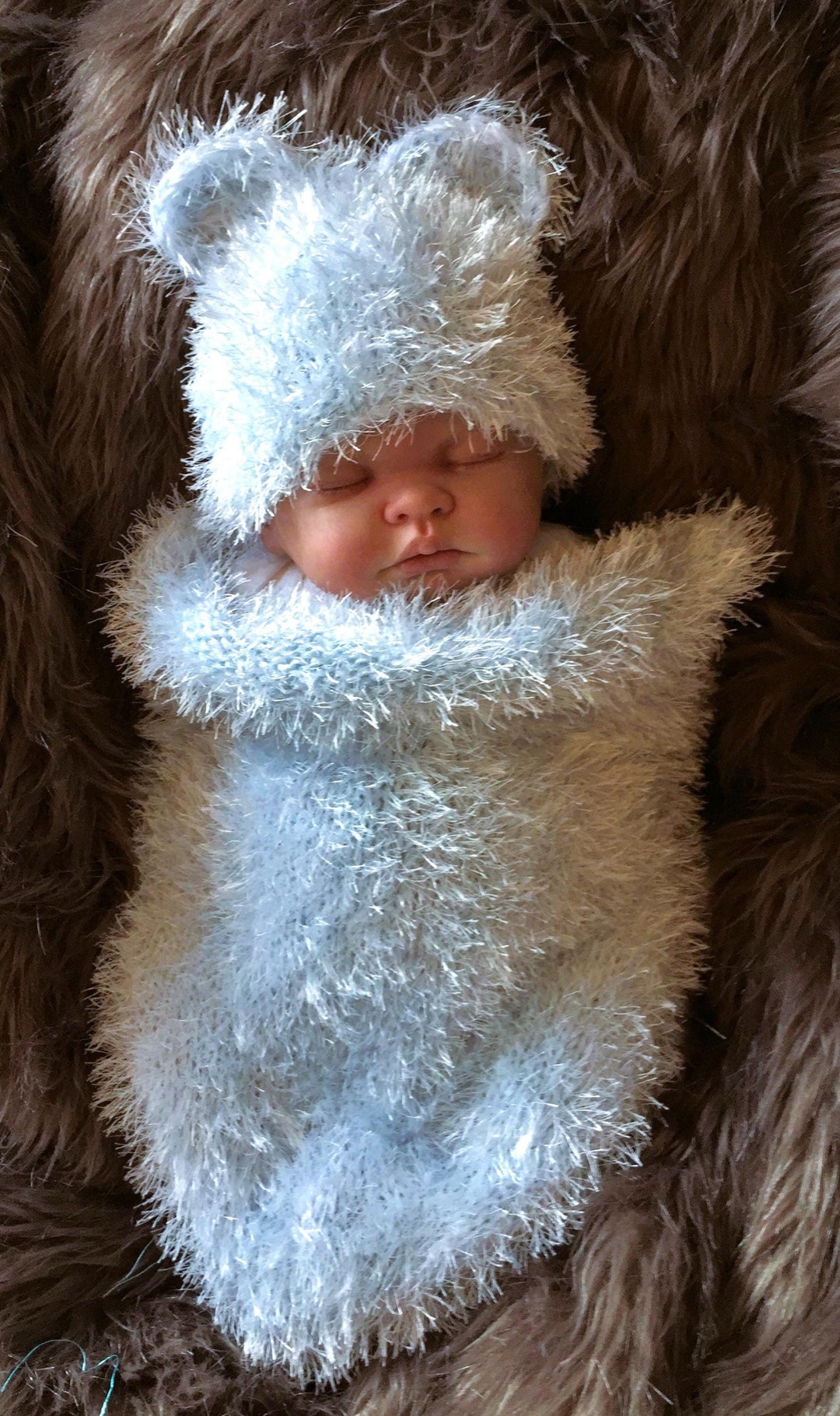 Hand Knitted Baby Teddy Bear Cocoon Sleeping Bag Papoose & Hat Beanie ...