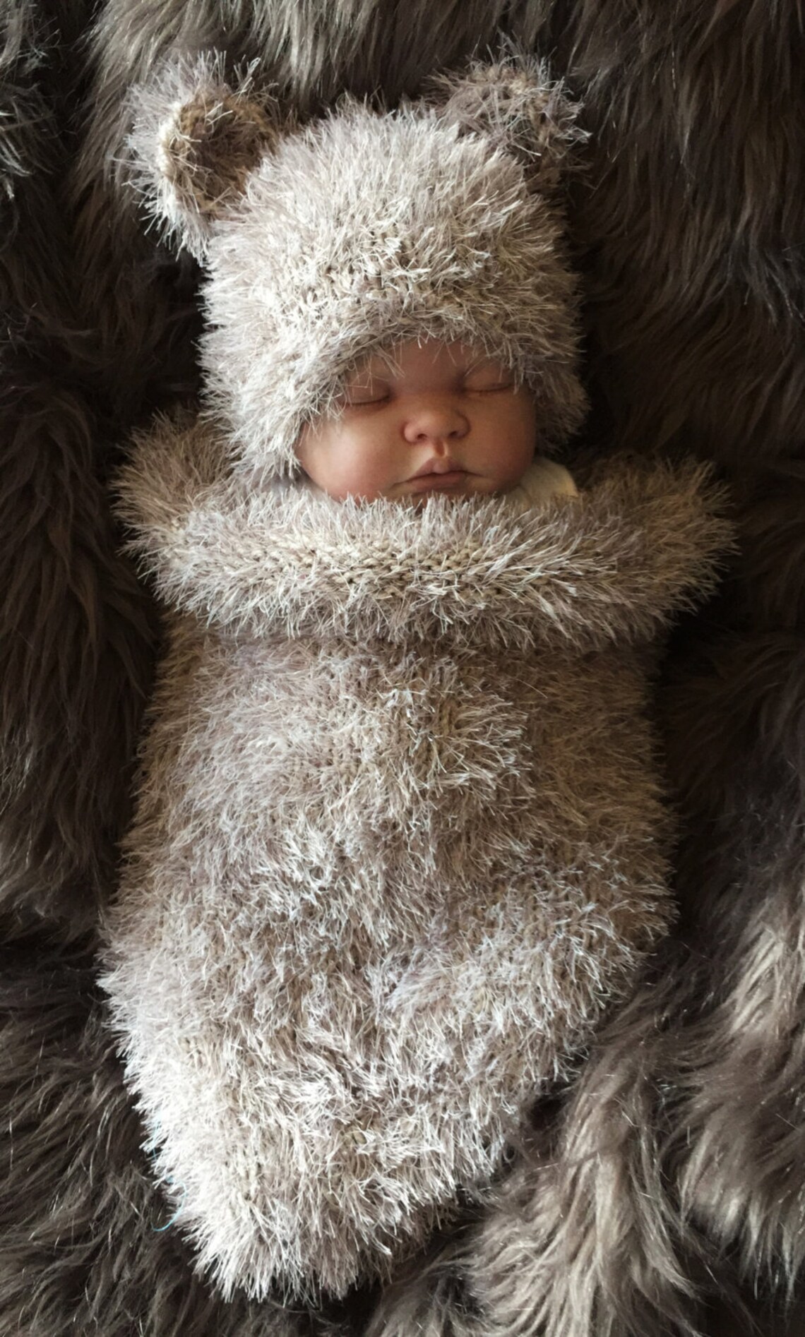 Hand Knitted Baby Bear Hat Cocoon Sleeping Bag Papoose Brown Chunky ...