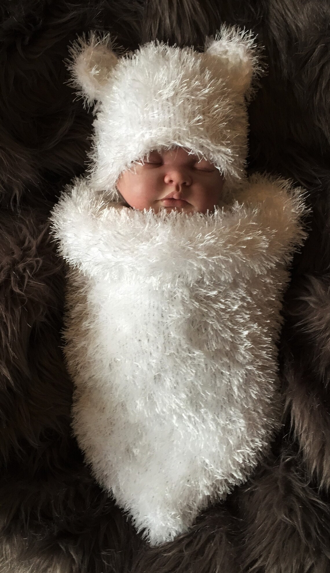 Hand Knitted Baby Bear Hat Cocoon Sleeping Bag Papoose Brown Chunky ...