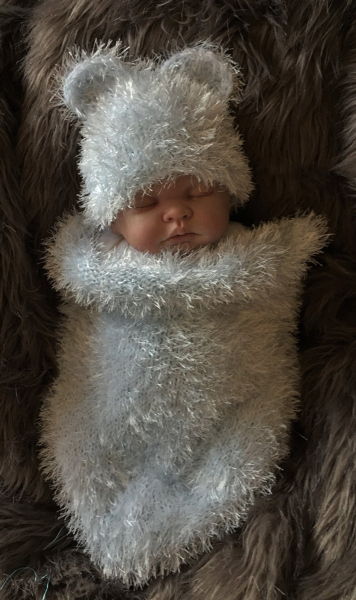 Hand Knitted Baby Bear Hat Cocoon Sleeping Bag Papoose Brown Chunky ...