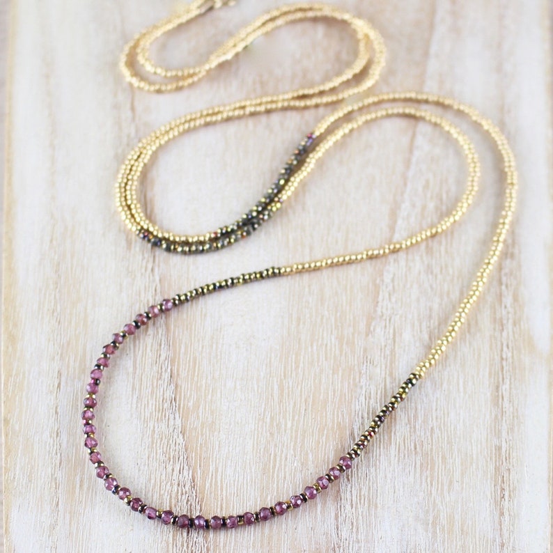 Long Gold & Garnet Seed Bead Necklace Dainty Red Gemstone - Etsy