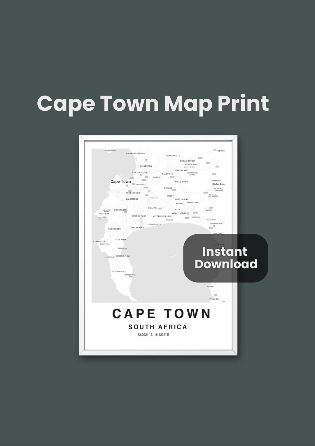 Cape Town Map Print | Instant Download, Black and White Poster ...