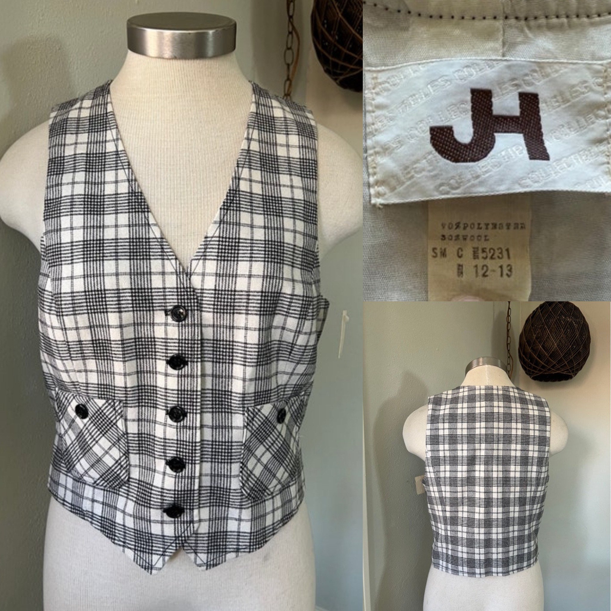 1970's Vintage Vest JH Wool Black and White Plaid Print 1970's Vintage Vest JH Wool Black and White Plaid Print