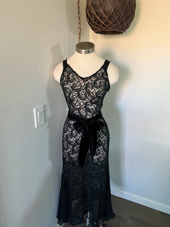 1940’s Vintage Nightgown ~ Black Lace, Black Velvet B… - Gem