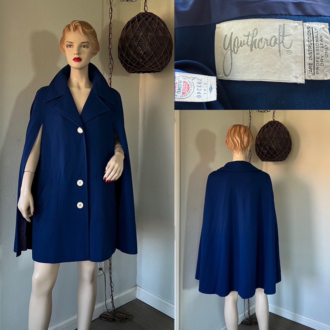 1970's Vintage Cape ~ Royal Blue Double Knit Cape ~ Slits on the Sides ...