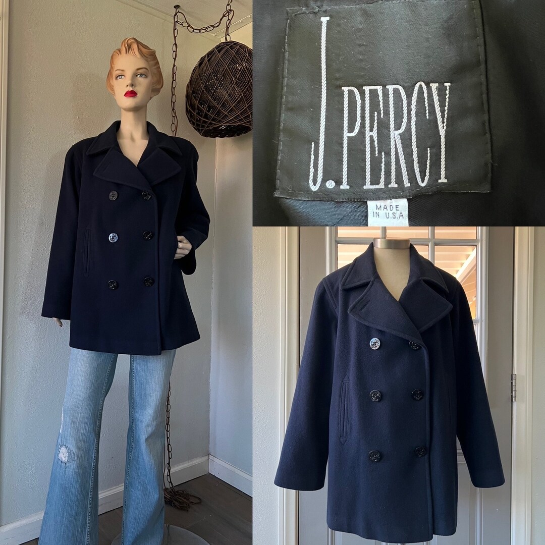 1980's Vintage Pea Coat ~ J.percy Navy Blue Wool Jacket With Deep Slit ...