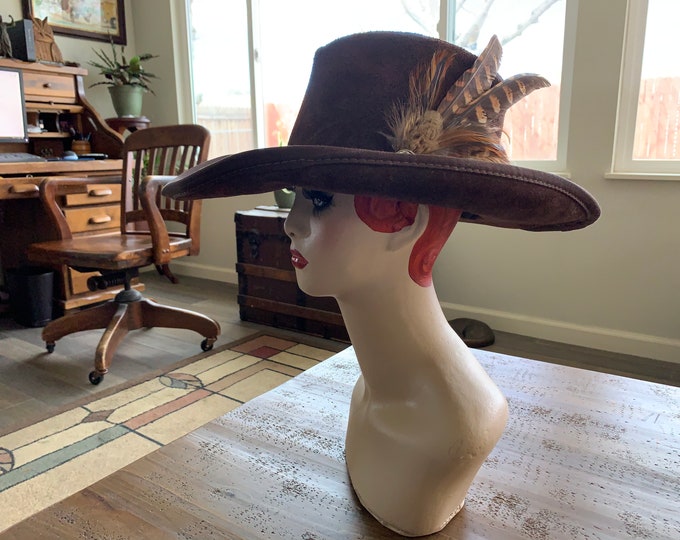 Vintage 1970's Hat ~ Brown Suede Hippie Hat, Cowboy Hat, With Feathers ...