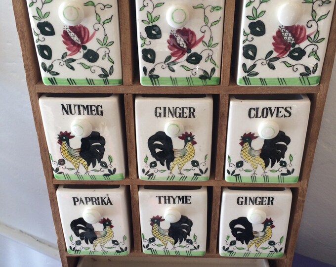 Vintage Ceramic Spice Jar Set and Distressed Cabinet Set of 7 - Etsy