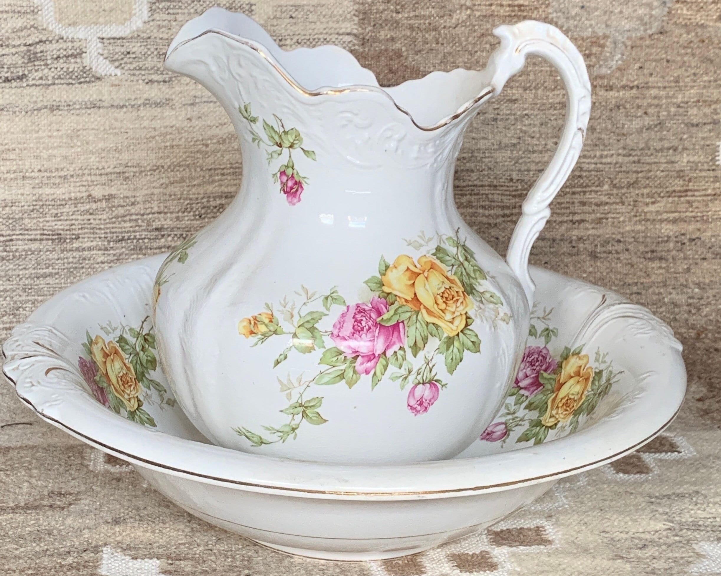 12 Pc Buffalo Pottery Pitcher and Wash Basin, Early 1900s Victorian ...