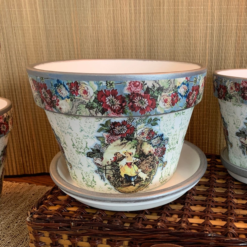 French Toile Planter Cameo Rose Flower Pot Farmhouse Decor | Etsy